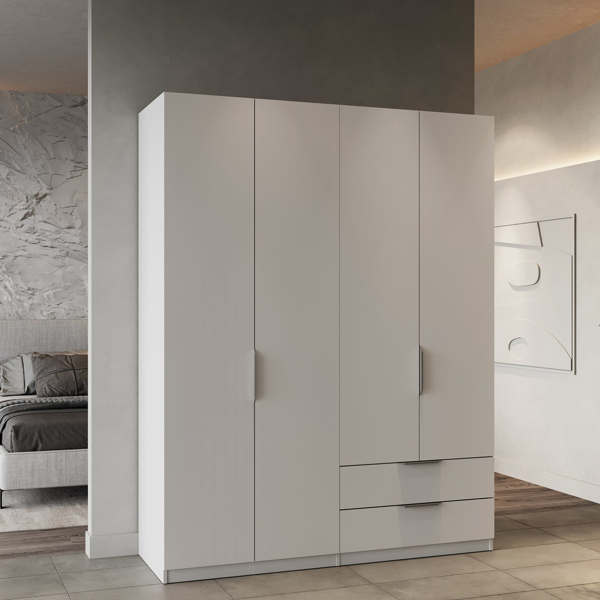Chicago 4 Door 2 Drawer Space Saving 160cm Matt White Wardrobe – FurniComp