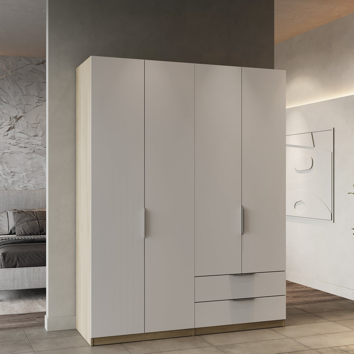Chicago 4 Door 2 Drawer Space Saving 160cm Matt White & Oak Effect War ...