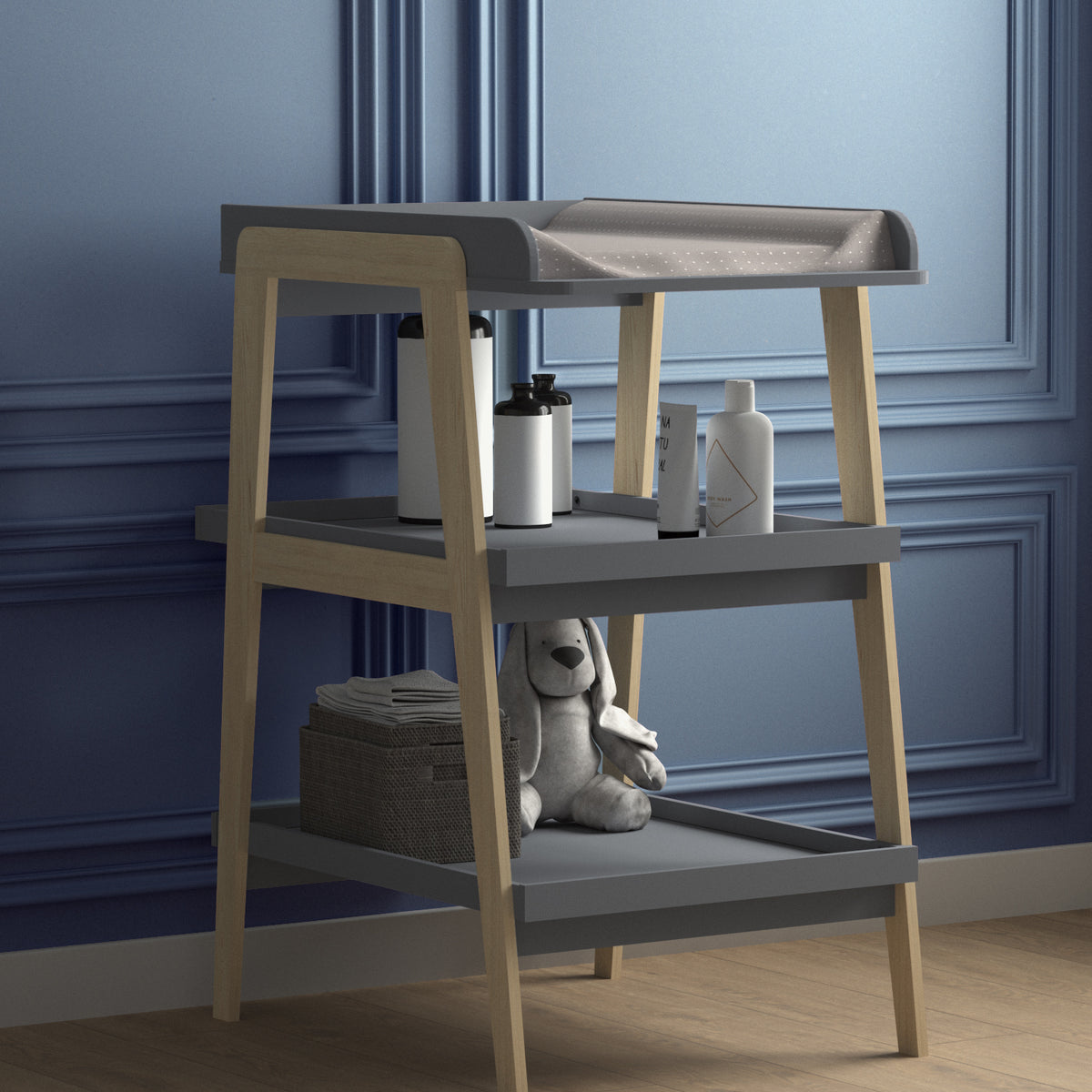 Daisy 3-Tier Open Baby Changing Unit- Concrete Grey & Oak – FurniComp