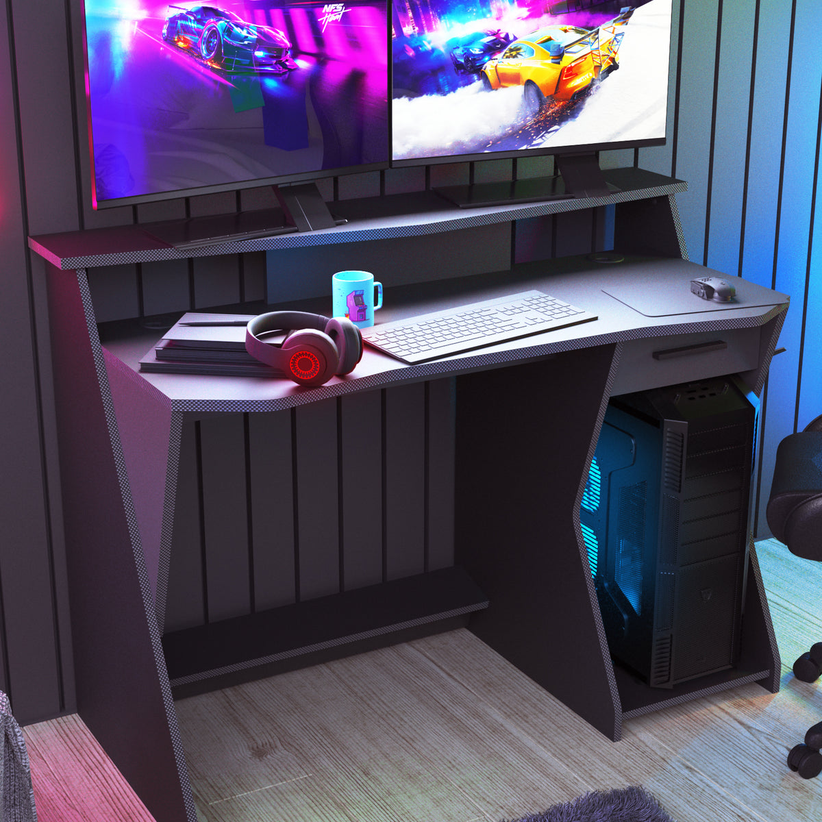 Louis Grey and Black Gaming Desk with Hutch and Drawer – FurniComp