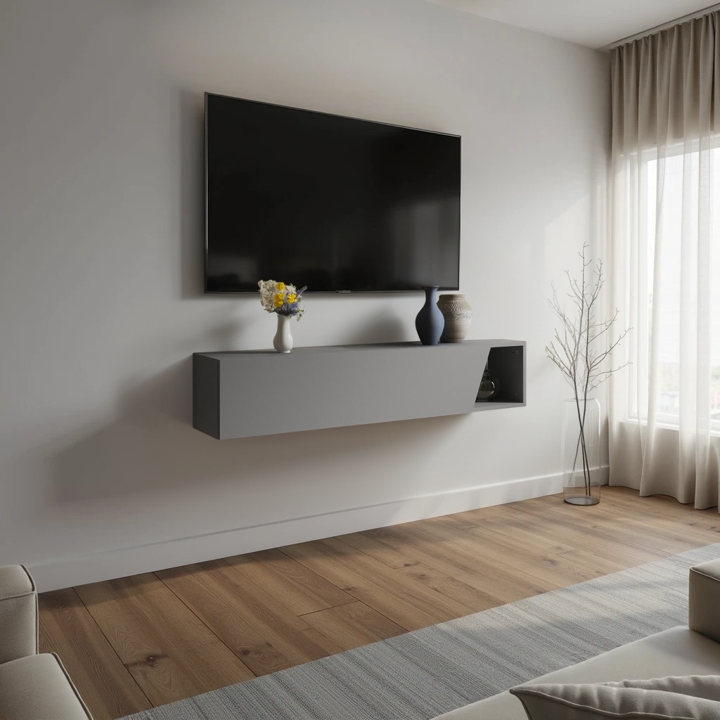 Combo 138cm Floating Wall Hung TV Unit with Shaped Door - Slate Grey C ...