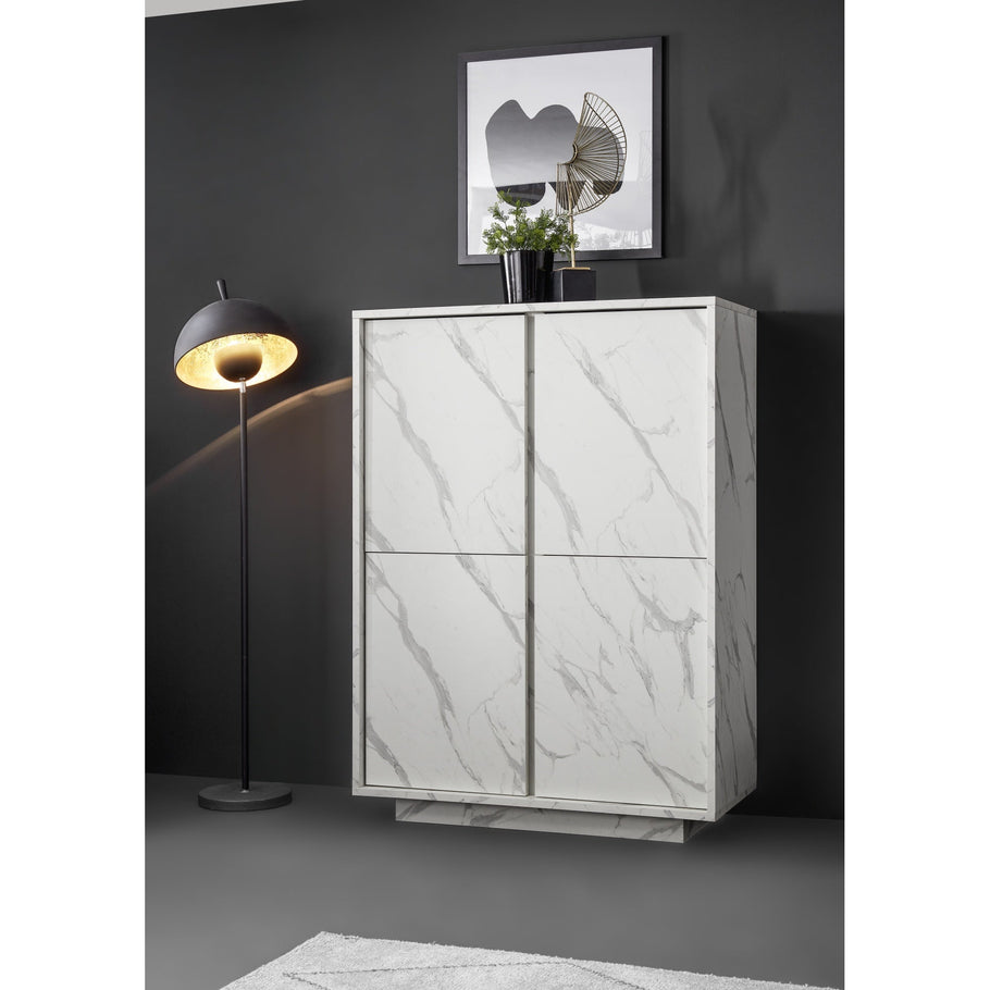 Glacia 4 Door White Marble Effect Tall Sideboard/Highboard – FurniComp