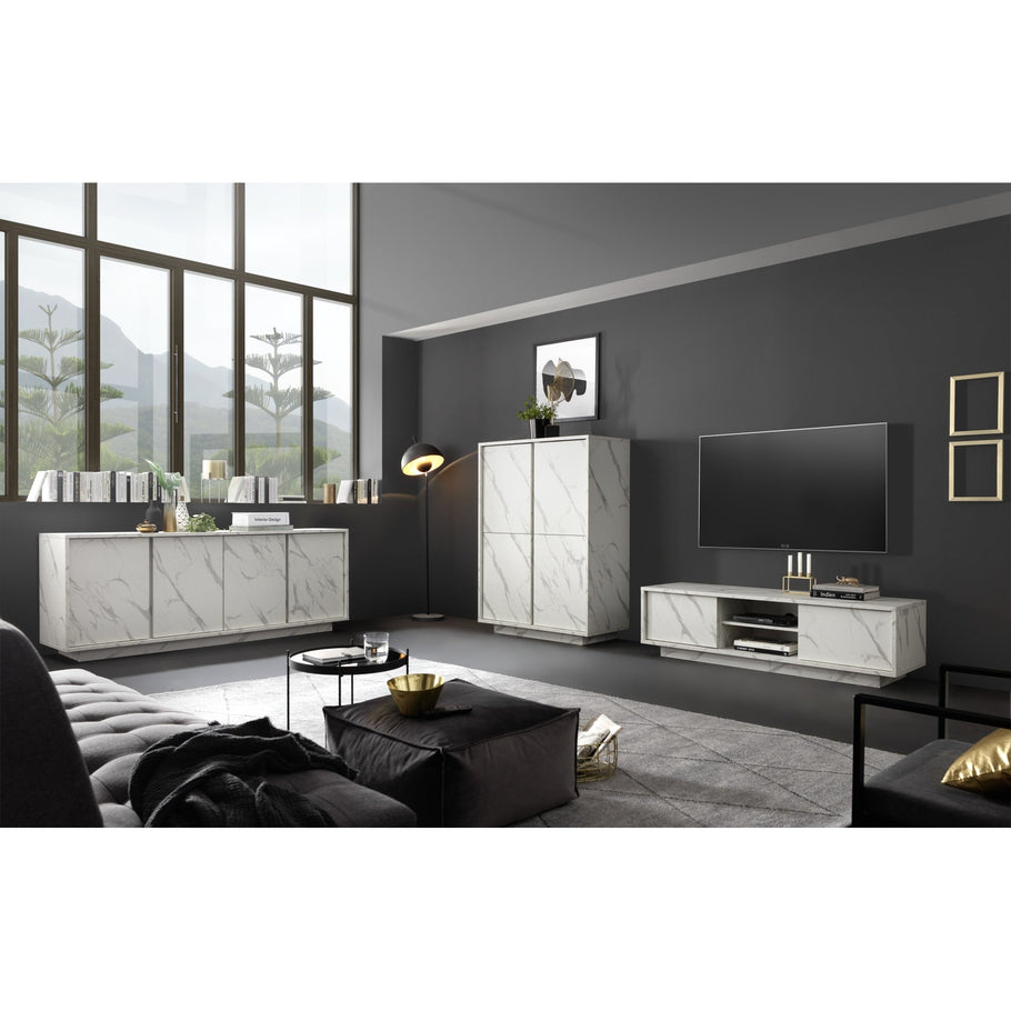 Glacia 4 Door White Marble Effect Tall Sideboard/Highboard – FurniComp