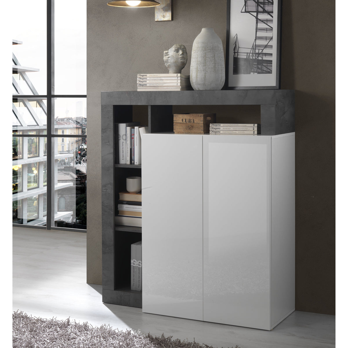 Lorenzo 2 Door White Gloss and Anthracite Tall Sideboard/Highboard ...