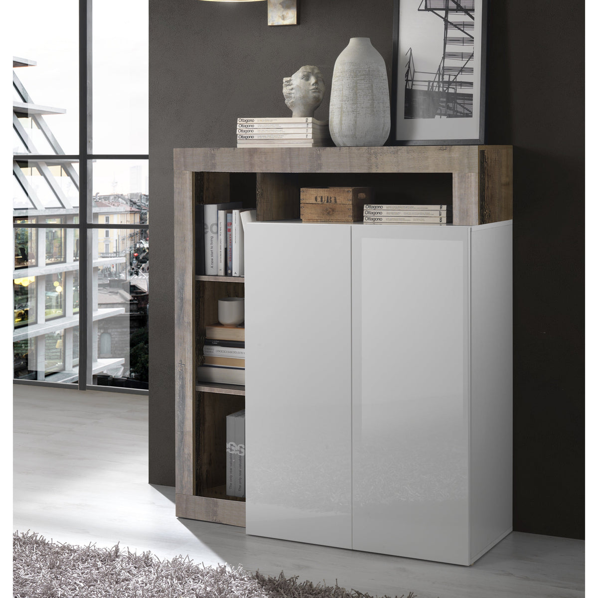 Lorenzo 2 Door White Gloss and Natural Oak Tall Sideboard/Highboard ...
